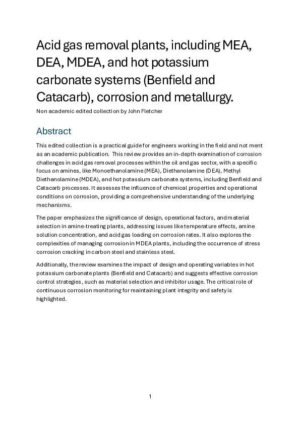 (PDF) Acid gas removal plants, including MEA, DEA, MDEA, and hot ...