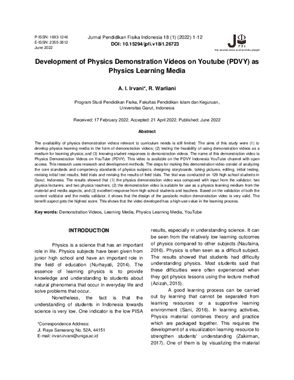 (PDF) Development of Physics Demonstration Videos on Youtube (PDVY) as ...