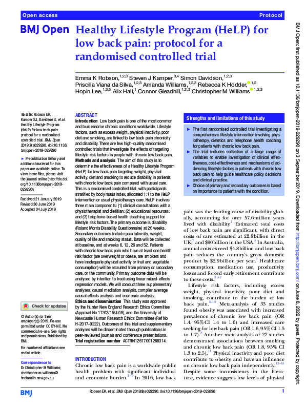 (PDF) Healthy Lifestyle Program (HeLP) for low back pain: protocol for ...