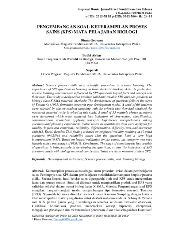 (PDF) Pengembangan Soal Keterampilan Proses Sains (KPS) Mata Pelajaran Biologi | Budhi Akbar ...