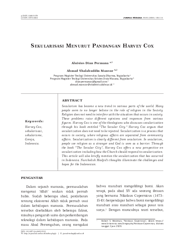 (PDF) Sekularisasi Menurut Pandangan Harvey Cox
