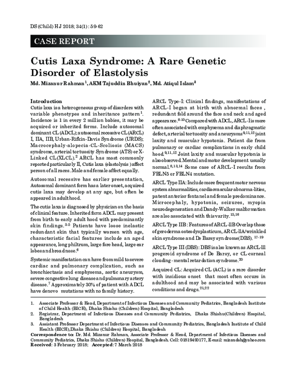 (PDF) Cutis Laxa Syndrome: A Rare Genetic Disorder of Elastolysis