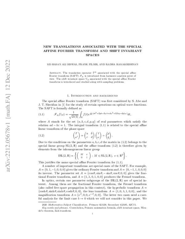 Pdf New Translations Associated With The Special Affine Fourier Transform And Shift Invariant