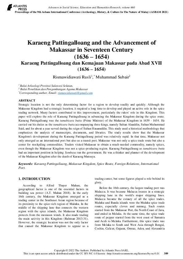 (PDF) Karaeng Pattingalloang and the Advancement of Makassar in Seventeen Century (1636 – 1654)