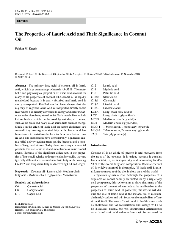 (PDF) The Properties of Lauric Acid and Their Significance in Coconut Oil