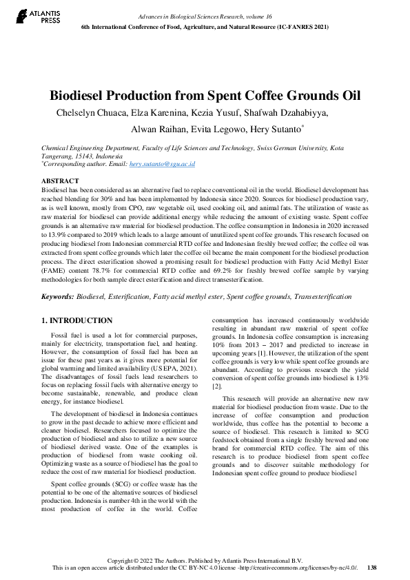 (PDF) Biodiesel Production from Spent Coffee Grounds Oil