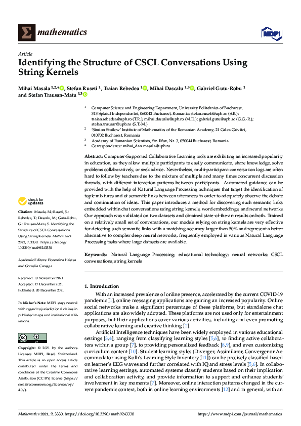 (PDF) Identifying the Structure of CSCL Conversations Using String Kernels