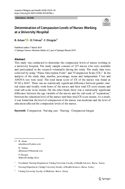 (PDF) Determination of Compassion Levels of Nurses Working at a ...