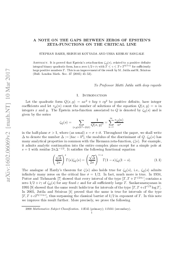 (PDF) A note on the gaps between zeros of Epstein's zeta-functions on ...