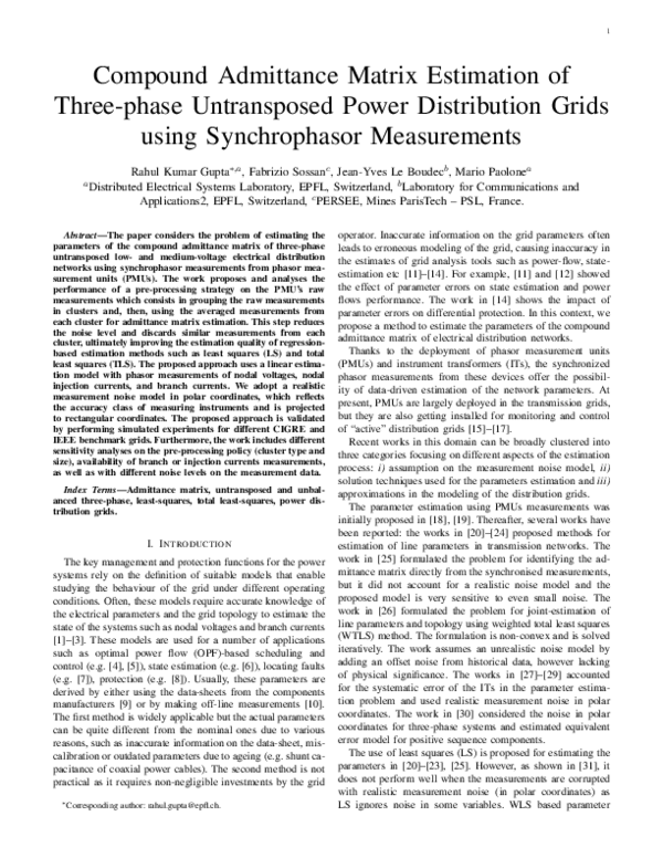 (PDF) Compound Admittance Matrix Estimation of Three-Phase Untransposed Power Distribution Grids ...