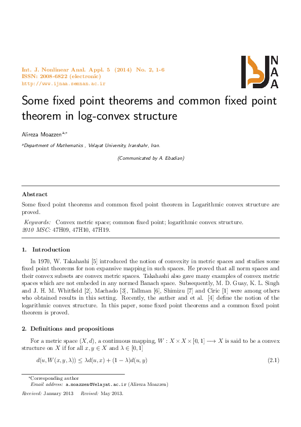 (PDF) Some fixed point theorems and common fixed point theorem in log-convex structure