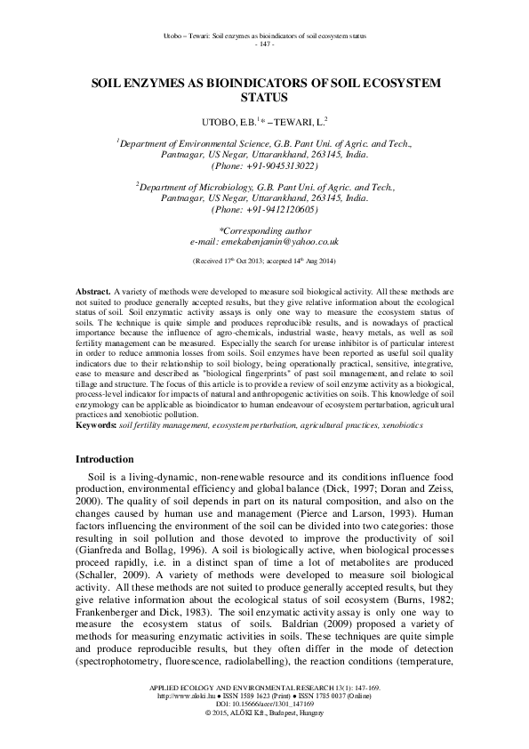 (PDF) Soil Enzymes as Bioindicators of Soil Ecosystem Status