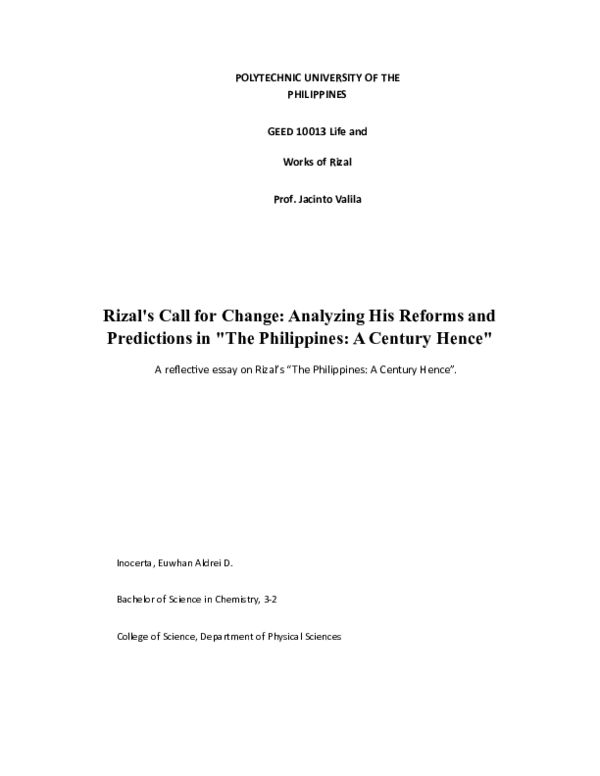 (PDF) Rizal's Call for Change: Analyzing His Reforms and Predictions in ...