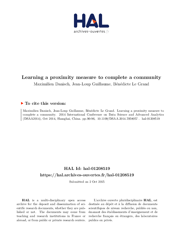(PDF) Learning a proximity measure to complete a community | benedicte le grand - Academia.edu