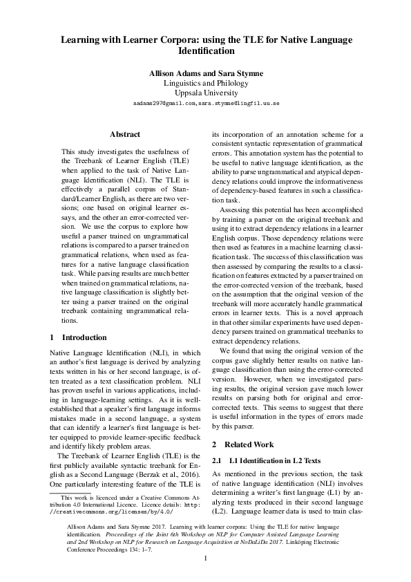 (PDF) Learning with learner corpora: Using the TLE for native language identification