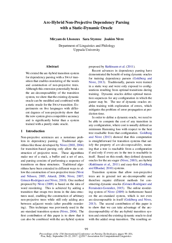 (PDF) Arc-Hybrid Non-Projective Dependency Parsing with a Static-Dynamic Oracle | Sara Stymne ...