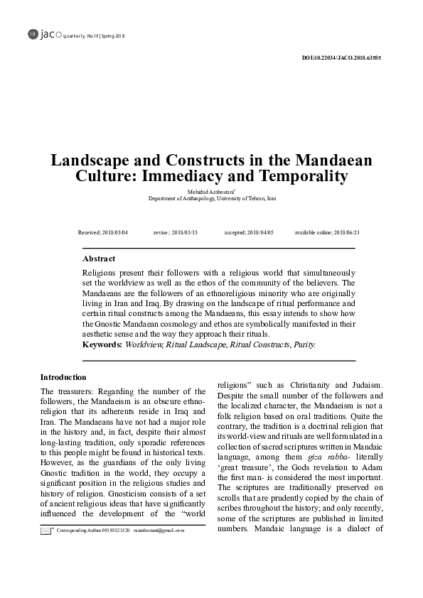 (PDF) Landscape and Constructs in the Mandaean Culture: Immediacy and ...