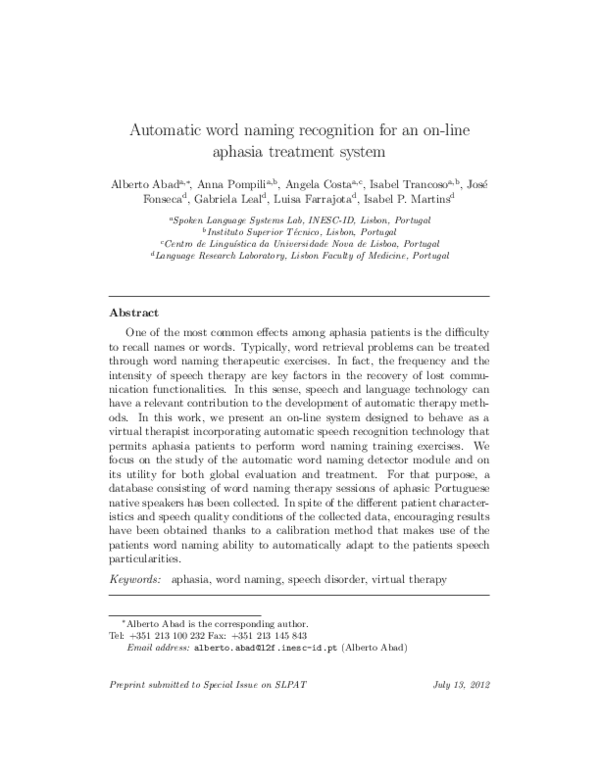 (PDF) Automatic word naming recognition for an on-line aphasia ...