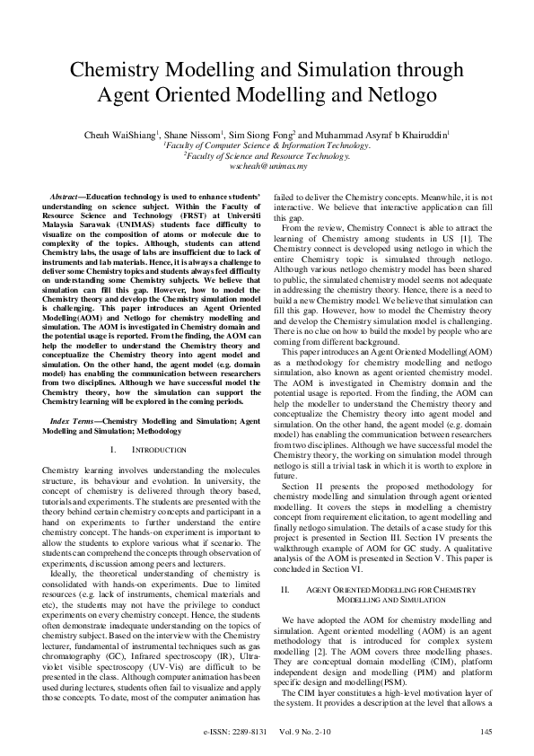 (PDF) Chemistry Modelling and Simulation through Agent Oriented Modelling and Netlogo | Muhammad ...