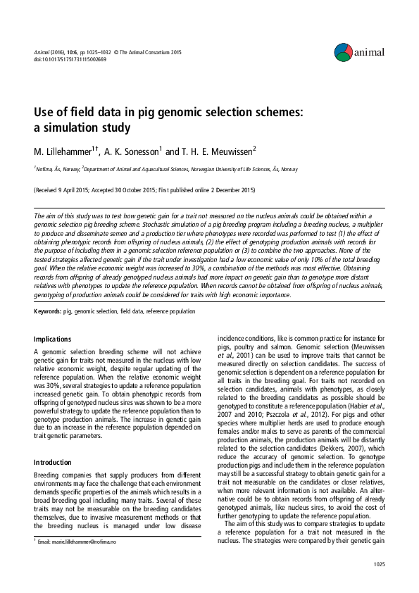 (PDF) Use of field data in pig genomic selection schemes: a simulation study | Marie Lillehammer ...