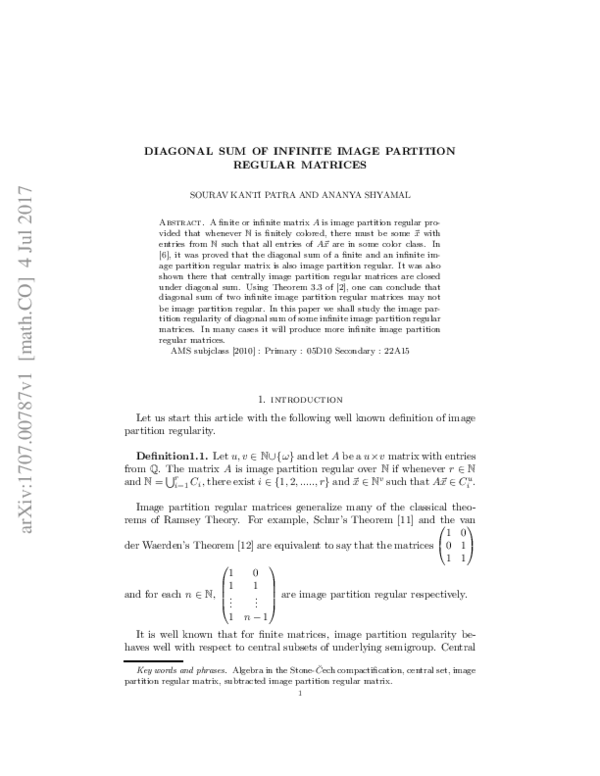 (PDF) Diagonal sum of infinite image partition regular matrices
