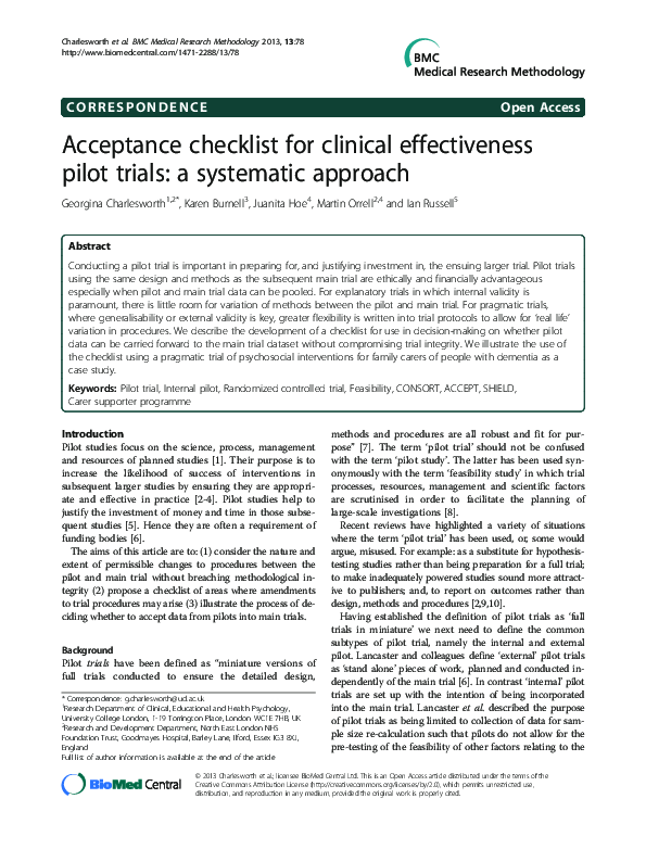(PDF) Acceptance checklist for clinical effectiveness pilot trials: a ...