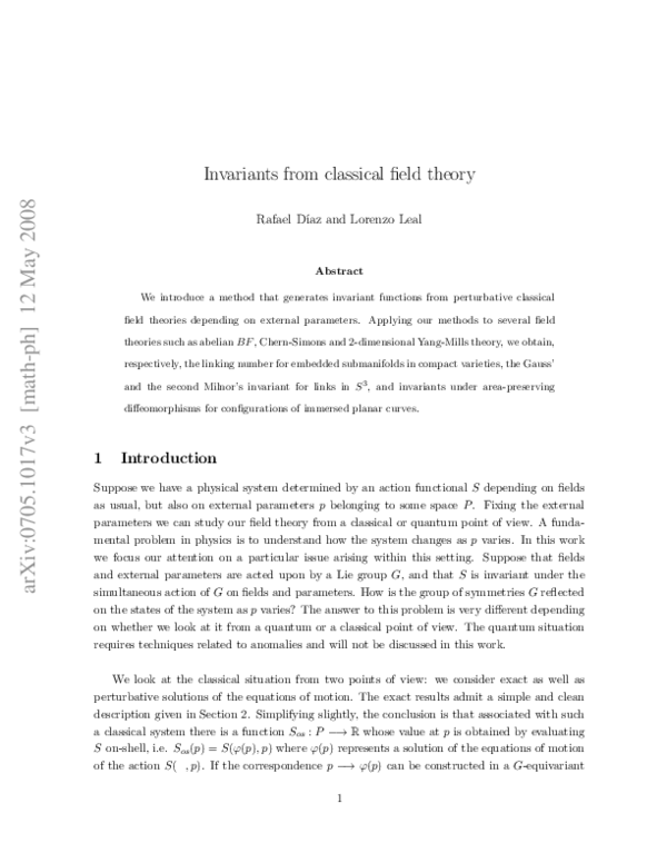 (PDF) Invariants from classical field theory