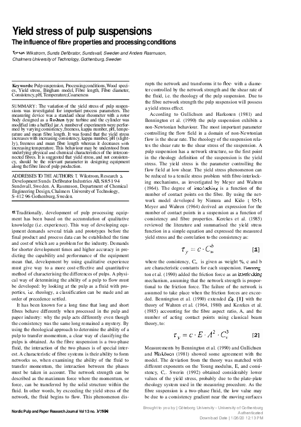 (PDF) Yield stress of pulp suspensions