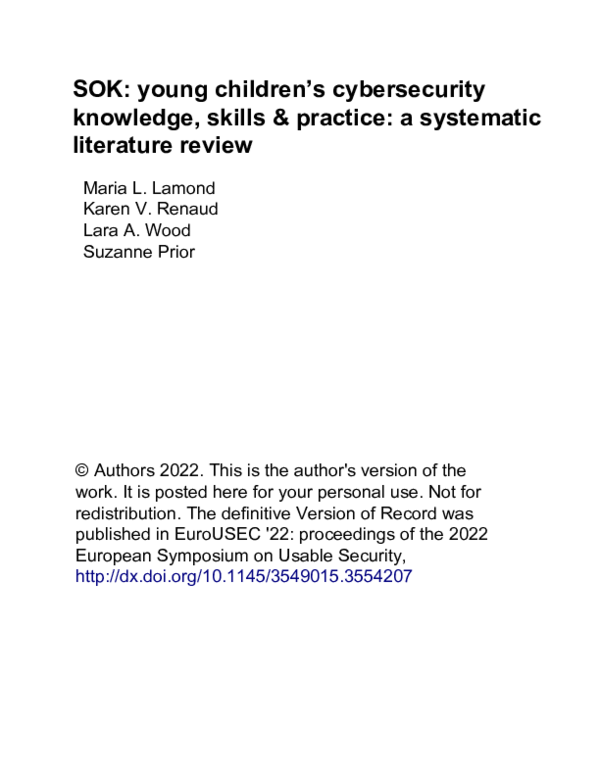 (PDF) SOK: Young Children's Cybersecurity Knowledge, Skills & Practice: A Systematic Literature ...