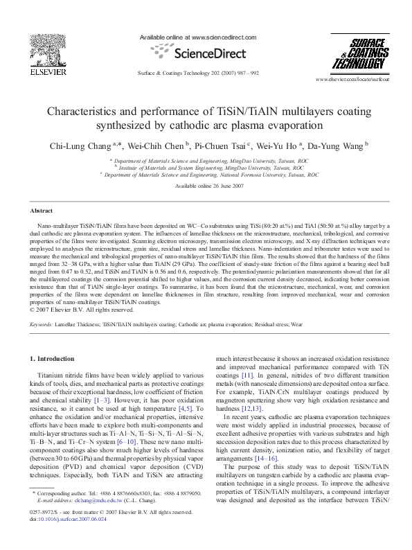 (PDF) Characteristics and performance of TiSiN/TiAlN multilayers ...