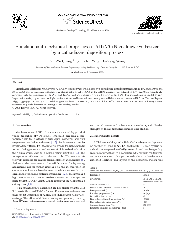 (PDF) Structural and mechanical properties of AlTiN/CrN coatings ...