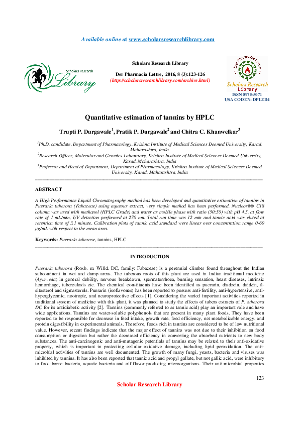 Pdf Quantitative Estimation Of Tannins By Hplc