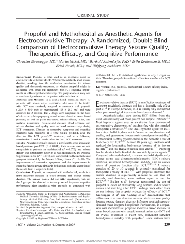 (PDF) Propofol and Methohexital as Anesthetic Agents for Electroconvulsive Therapy
