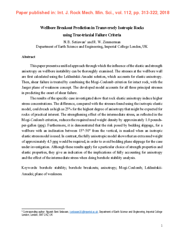 (PDF) Wellbore breakout prediction in transversely isotropic rocks using true-triaxial failure ...