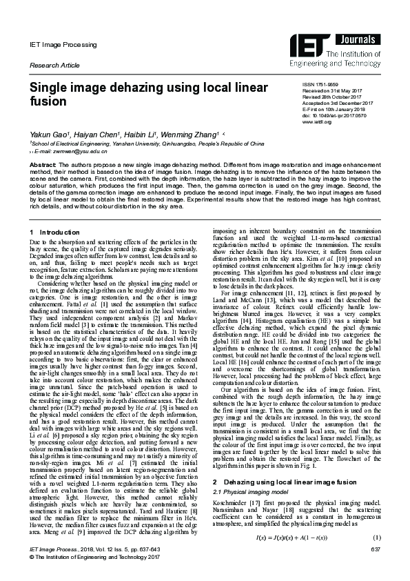 (PDF) Single image dehazing using local linear fusion