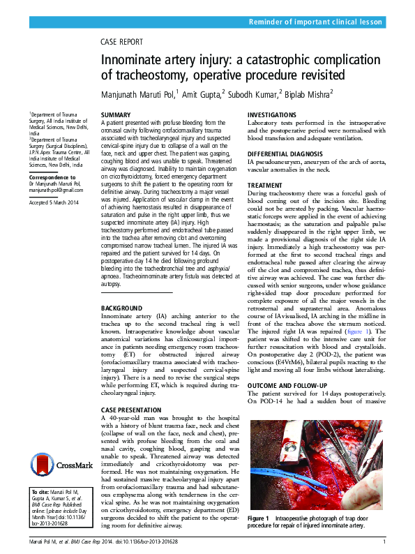 (PDF) Innominate artery injury: a catastrophic complication of ...