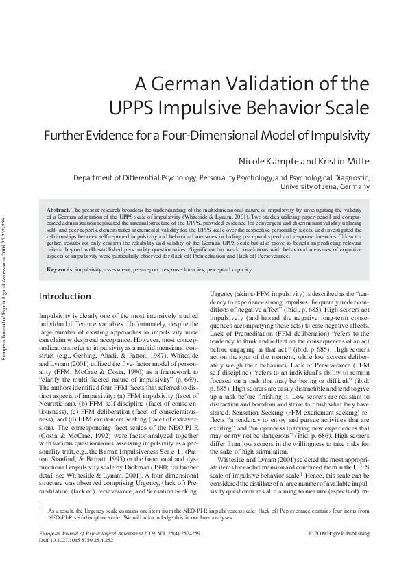 (PDF) A German Validation of the UPPS Impulsive Behavior Scale