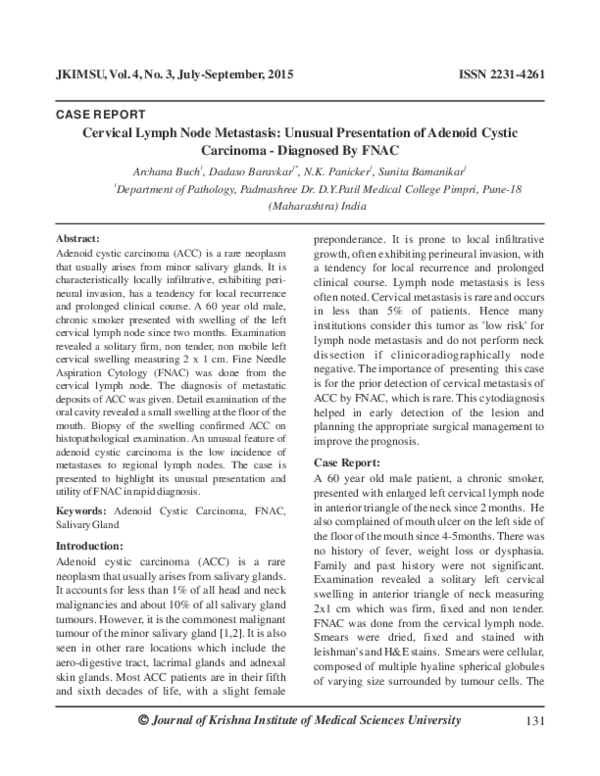 (PDF) Cervical Lymph Node Metastasis: Unusual Presentation of Adenoid ...
