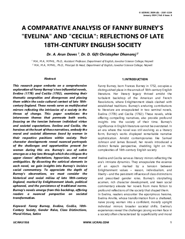 (PDF) A COMPARATIVE ANALYSIS OF FANNY BURNEY'S "EVELINA" AND "CECILIA ...