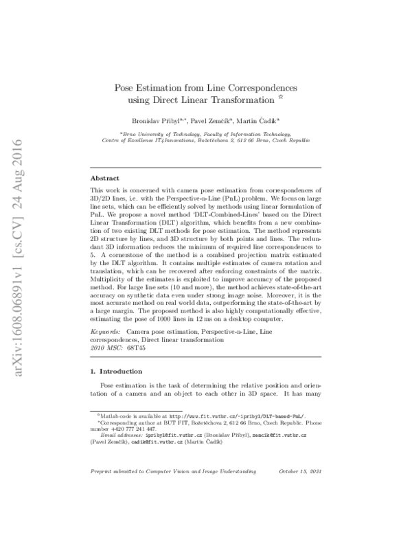 Pdf Pose Estimation From Line Correspondences Using Direct Linear