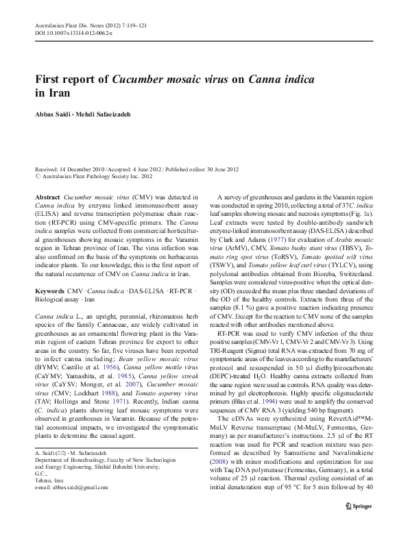 (PDF) First report of Cucumber mosaic virus on Canna indica in Iran