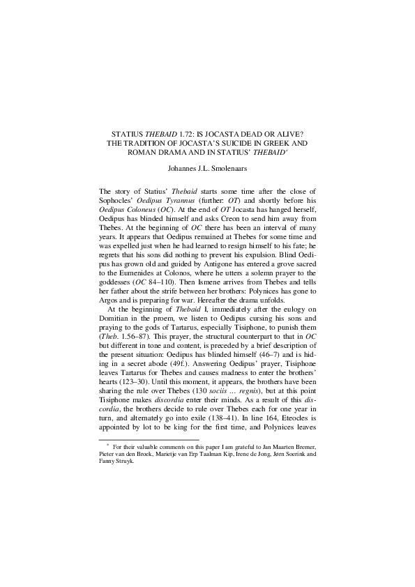 (PDF) Statius Thebaid 1.72: Is Jocasta Dead Or Alive? The Tradition Of ...