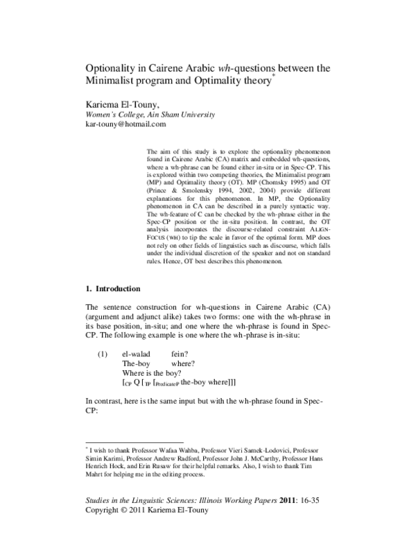 (PDF) Optionality in Cairene Arabic wh-questions between the Minimalist ...