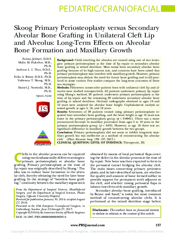 (PDF) Skoog Primary Periosteoplasty versus Secondary Alveolar Bone ...