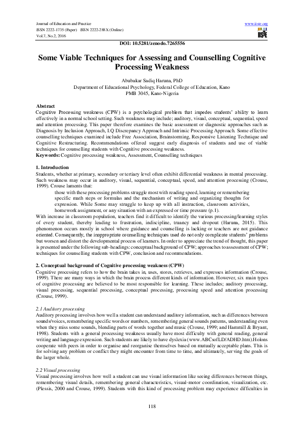 (PDF) Some Viable Techniques for Assessing and Counselling Cognitive ...
