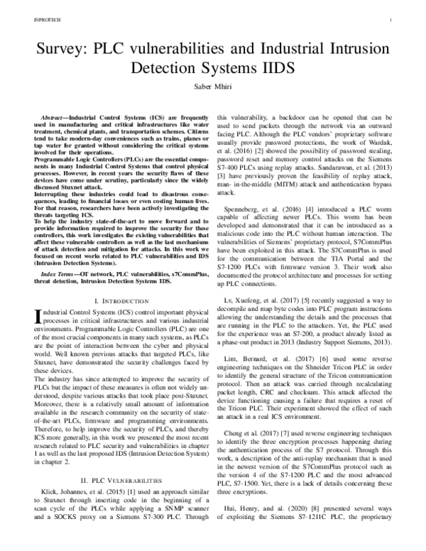 Pdf Survey Plc Vulnerabilities And Industrial Intrusion Detection