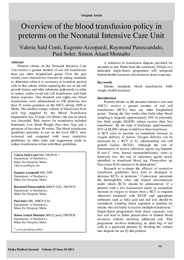(PDF) Overview of the blood transfusion policy in preterms on the ...