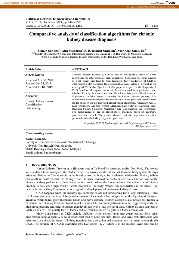(PDF) Comparative analysis of classification algorithms for chronic ...