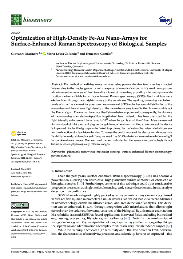 (PDF) Optimization of High-Density Fe-Au Nano-Arrays for Surface-Enhanced Raman Spectroscopy of ...