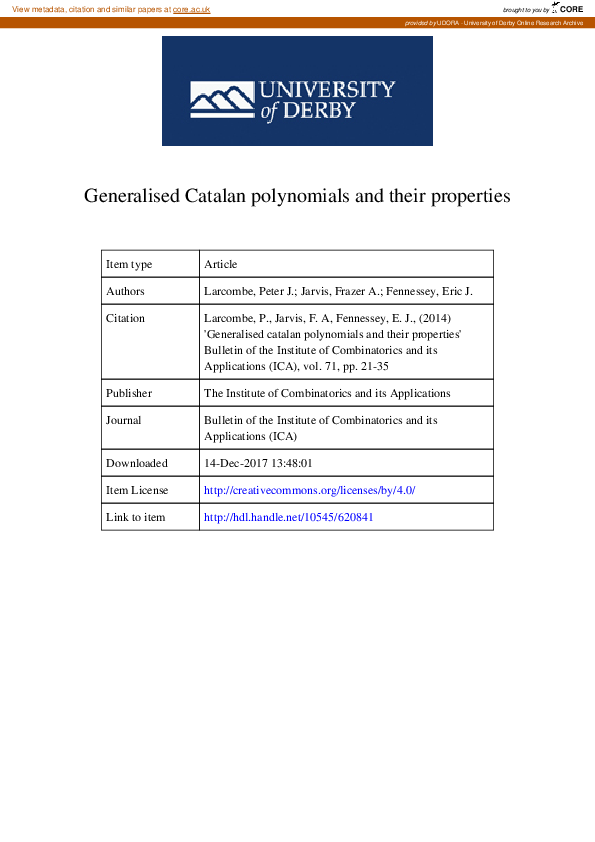 (PDF) Generalised Catalan polynomials and their properties